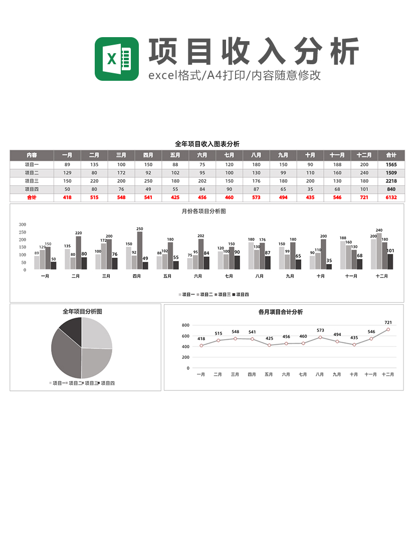 办公模版下载工具 全年项目收入分析excel模板下载 Flash中心